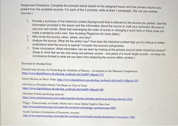 Assignment Directions: Complete the prompts below | Chegg.com