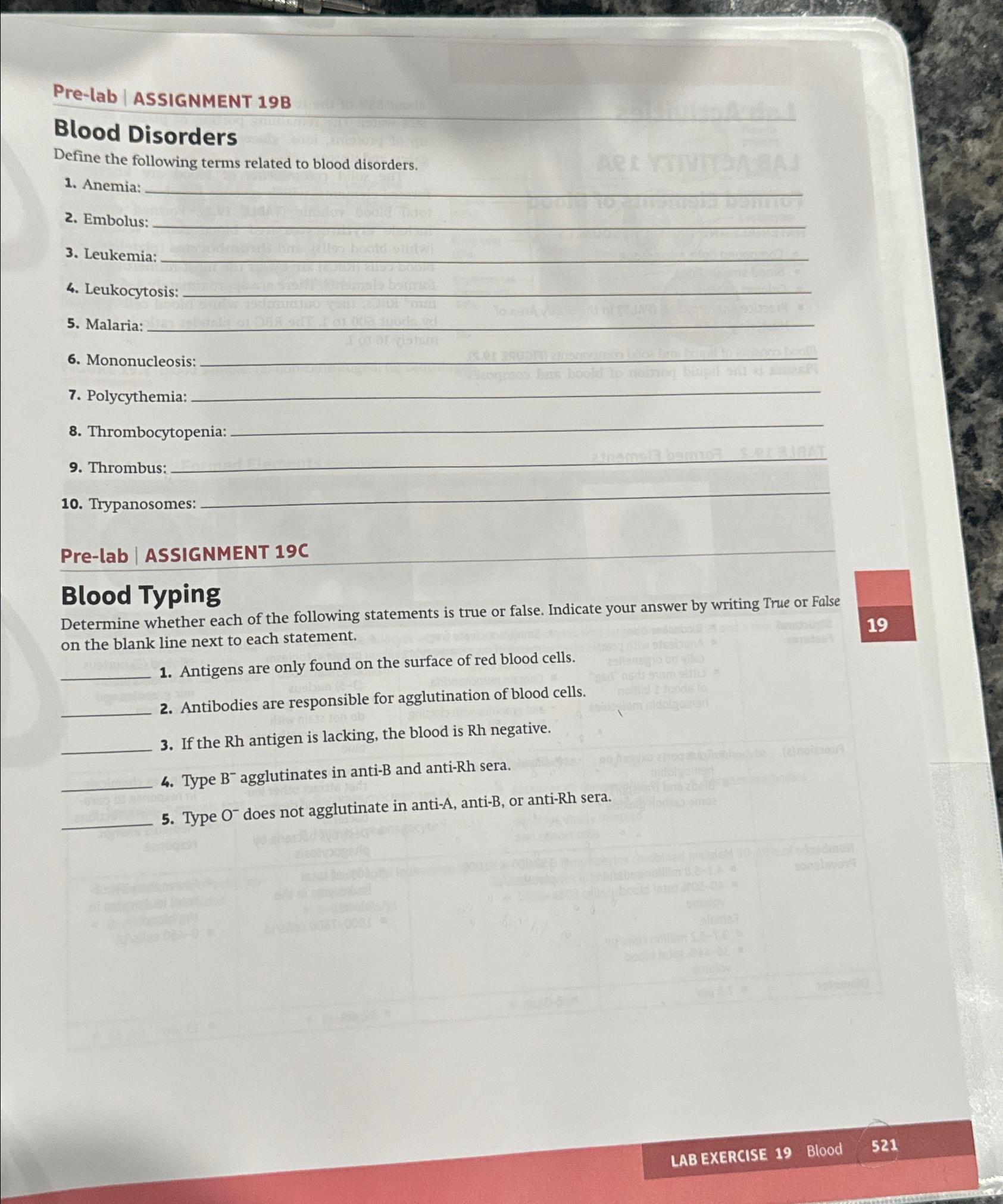 Solved Pre-lab | ﻿ASSIGNMENT 19BBlood DisordersDefine the | Chegg.com
