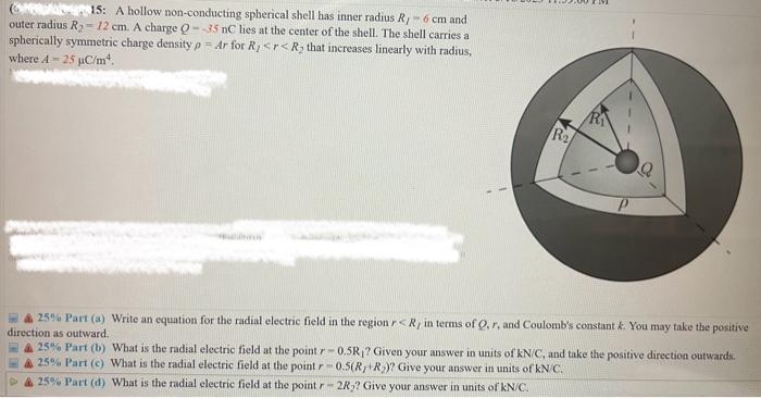 Solved A hollow non-conducting spherical shell has inner | Chegg.com