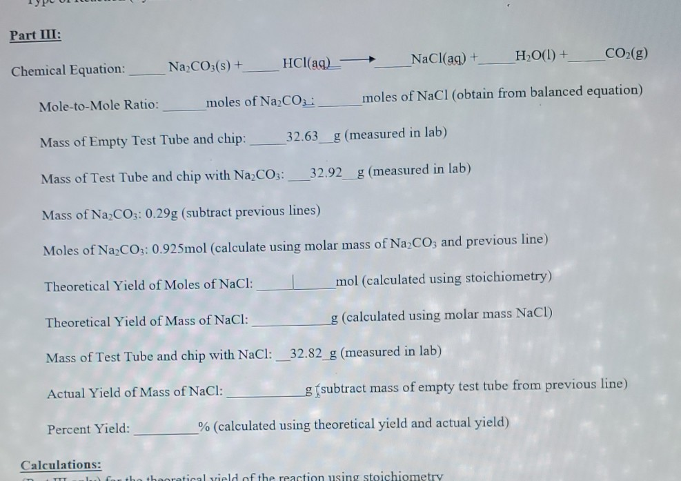 Solved Part III: NaCl(aq) + HCl(aq) HO(1) + CO2(g) Na2CO3(s) | Chegg.com