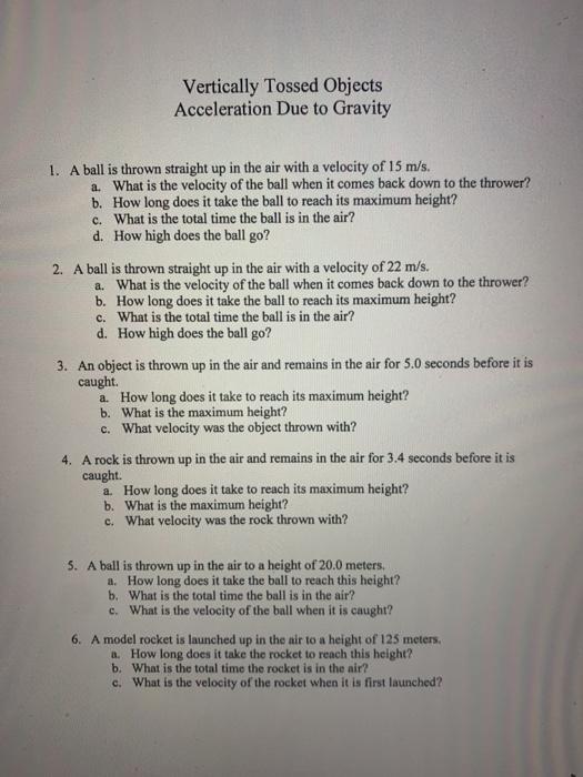 Solved Vertically Tossed Objects Acceleration Due to Gravity | Chegg.com