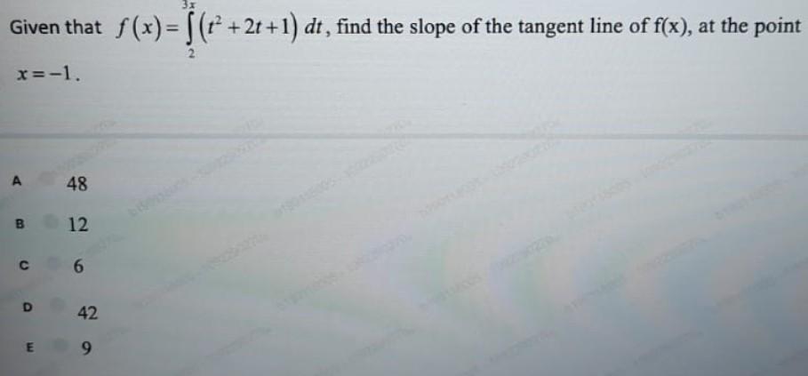 Solved Given that f(x)=∫23x(t2+2t+1)dt, find the slope of | Chegg.com