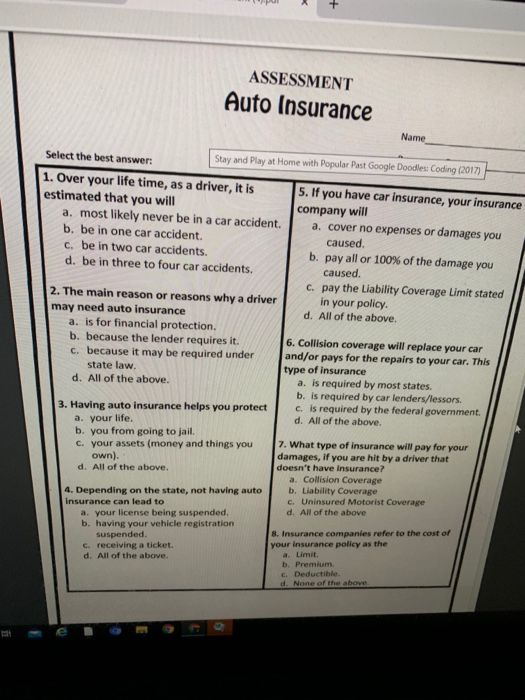 Solved ASSESSMENT Auto Insurance Name Select the best | Chegg.com