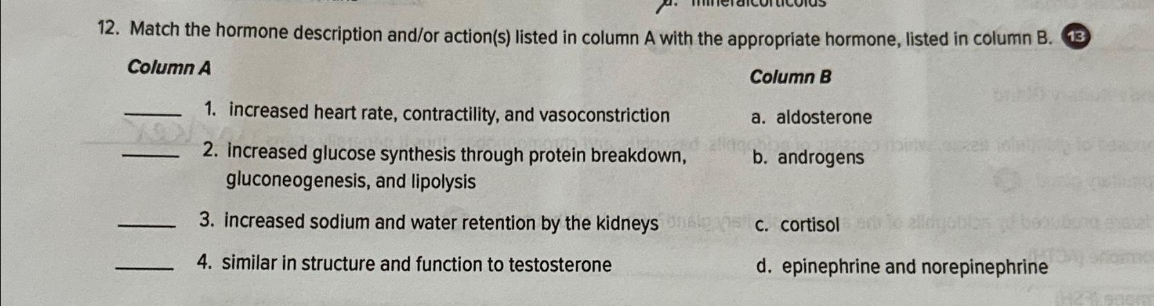 Solved Match the hormone description and/or action(s) | Chegg.com