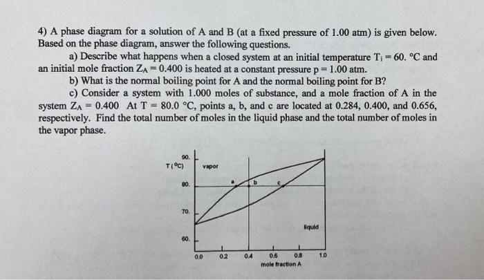 Solved 4) A phase diagram for a solution of A and B (at a | Chegg.com