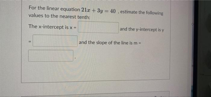 Solved For the linear equation 21x + 3y = 40, estimate the | Chegg.com