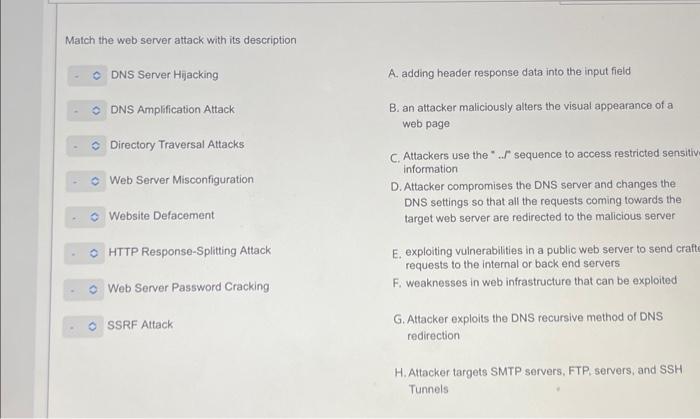Match the web server attack with its description DNS | Chegg.com
