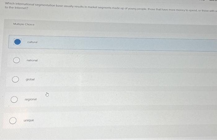 Solved Which international segmentation base usually results | Chegg.com