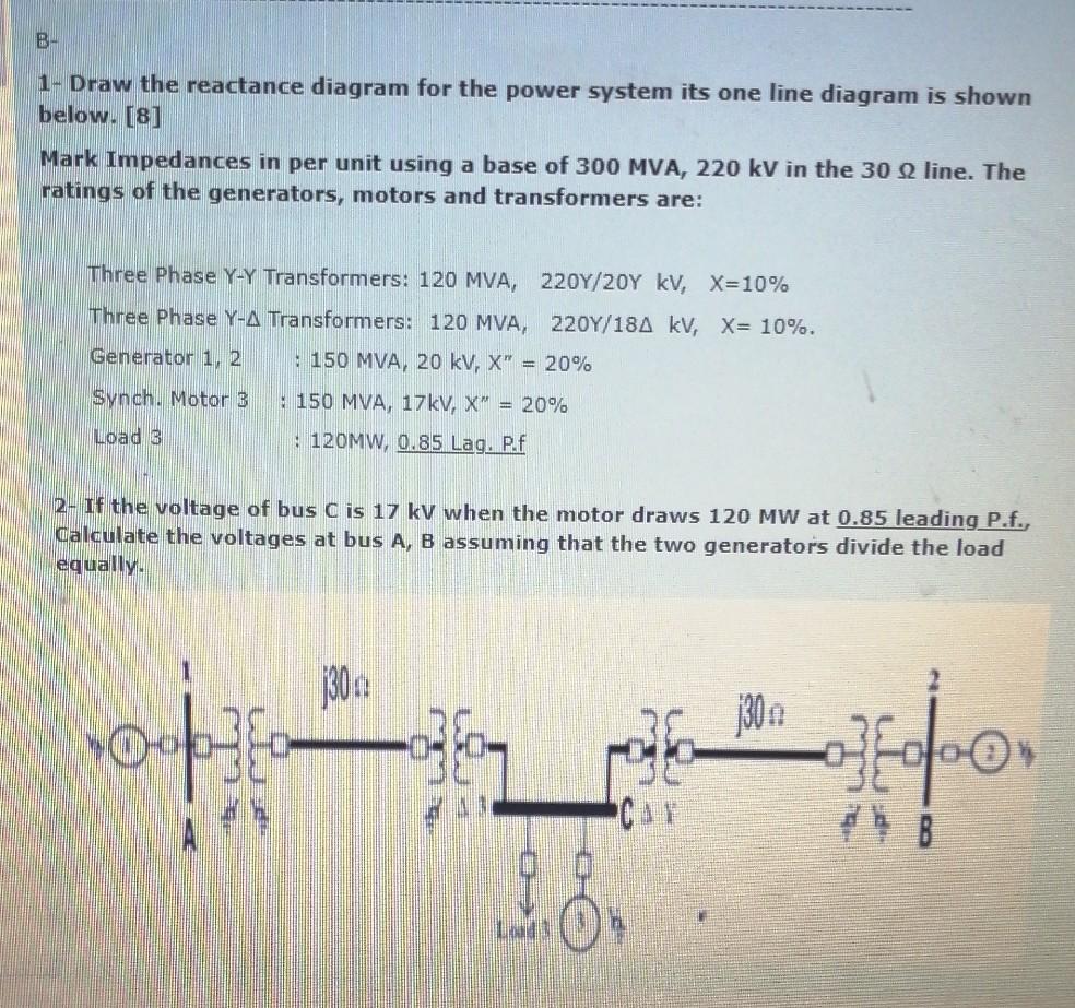 Solved B- 1- Draw the reactance diagram for the power system | Chegg.com