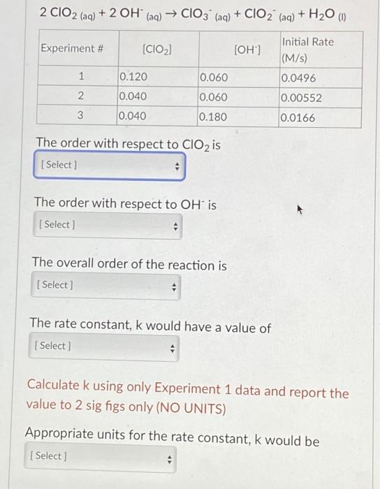 Solved 2 CIO2 (aq) Experiment # 1 + 2 OH* 3 [Select] (aq) → | Chegg.com