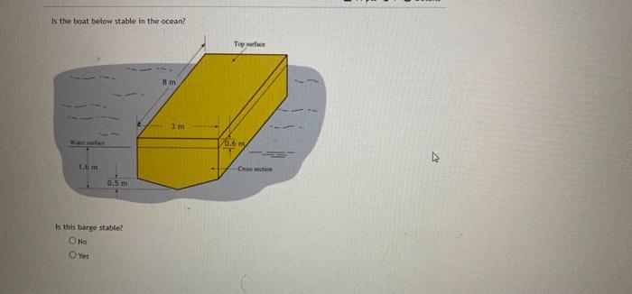 Solved Is the boat below stable in the ocean? Is this barge | Chegg.com