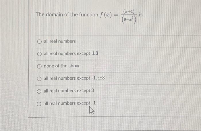 Solved domain of the function f(x)=(9−x2)(x+1) all real | Chegg.com