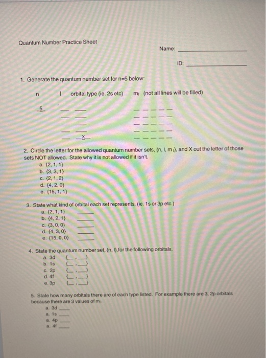 Solved Quantum Number Practice Sheet Name: ID: 1. Generate | Chegg.com