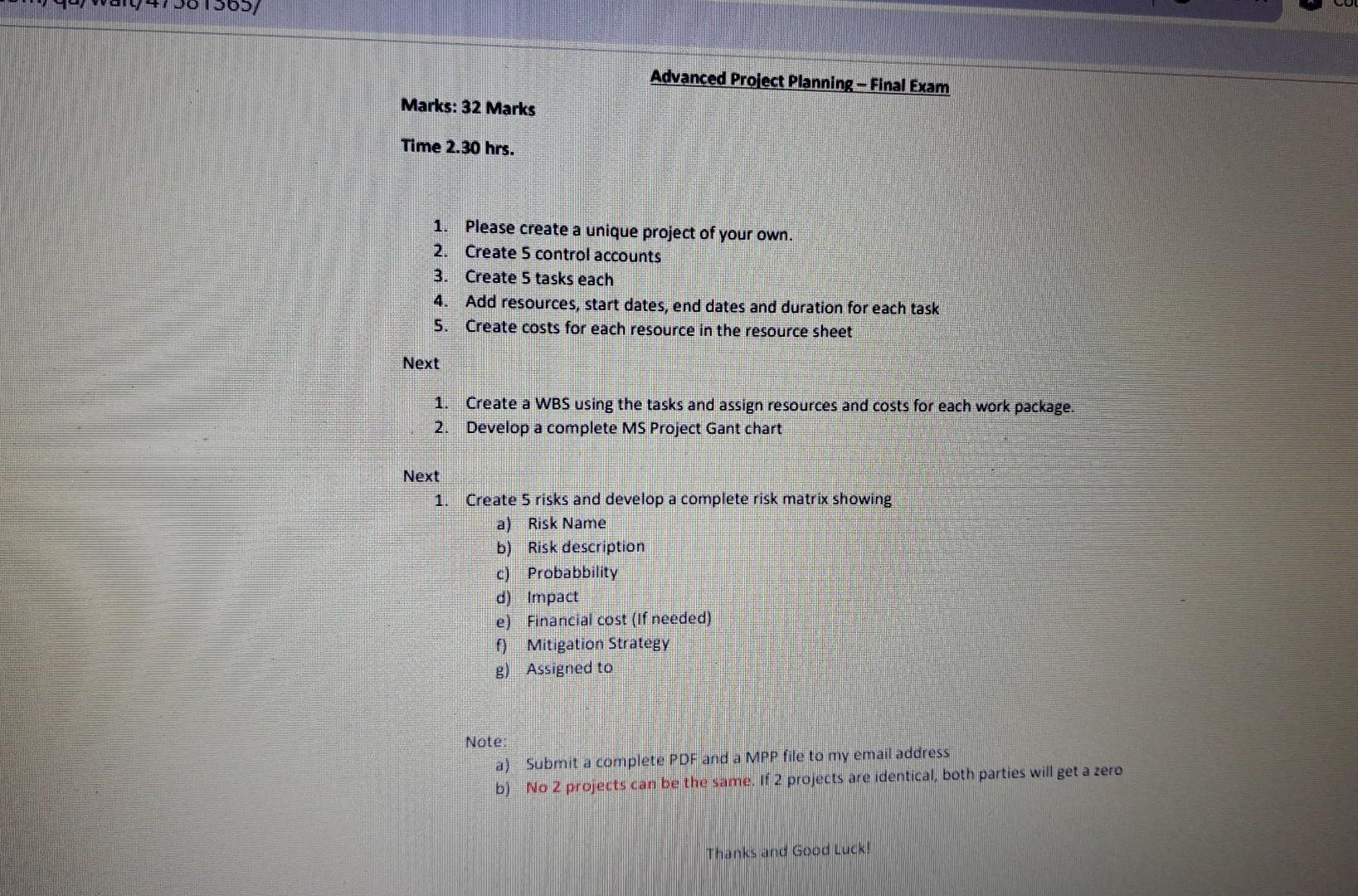 Solved Advanced Prolect Planning - Final Exam Marks: 32 | Chegg.com