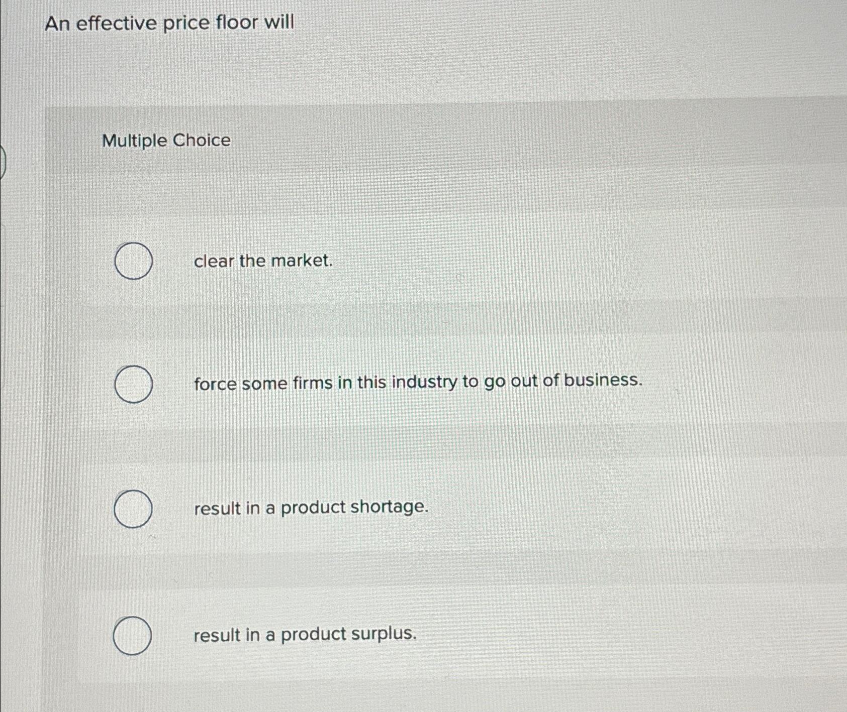 Solved An effective price floor willMultiple Choiceclear the | Chegg.com