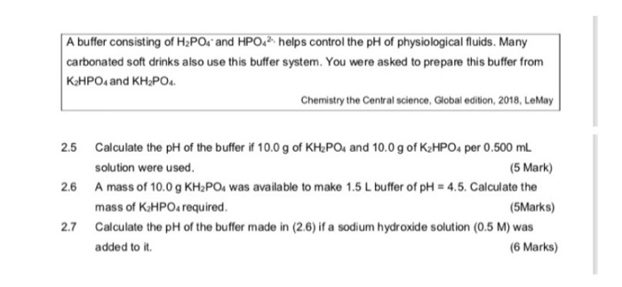 Solved A buffer consisting of H2PO4 and HPO42. helps control | Chegg.com