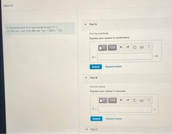 Solved Item 41 Part A A transverse wave on a rope is given | Chegg.com