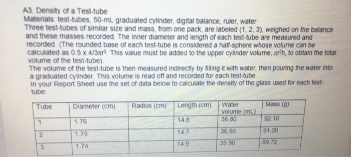 Solved A3. Density of a Test-tube Materials: test-tubes, | Chegg.com
