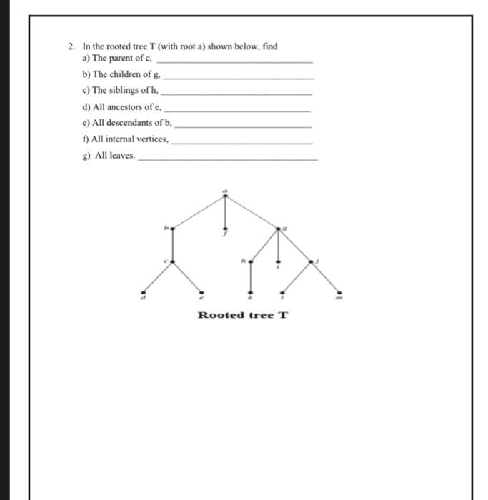 Solved 2. In the rooted tree T (with root a) shown below, | Chegg.com