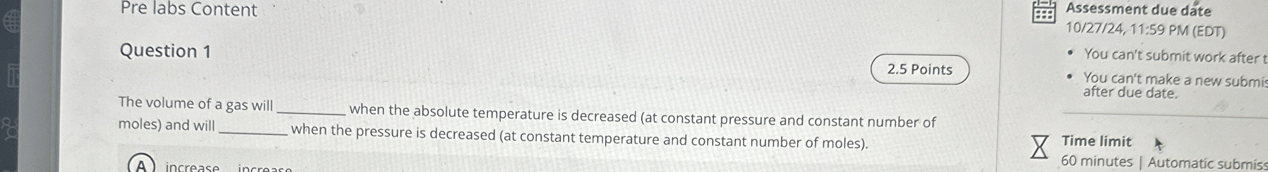Solved Pre labs ContentQuestion 12.5 ﻿PointsThe volume of a | Chegg.com