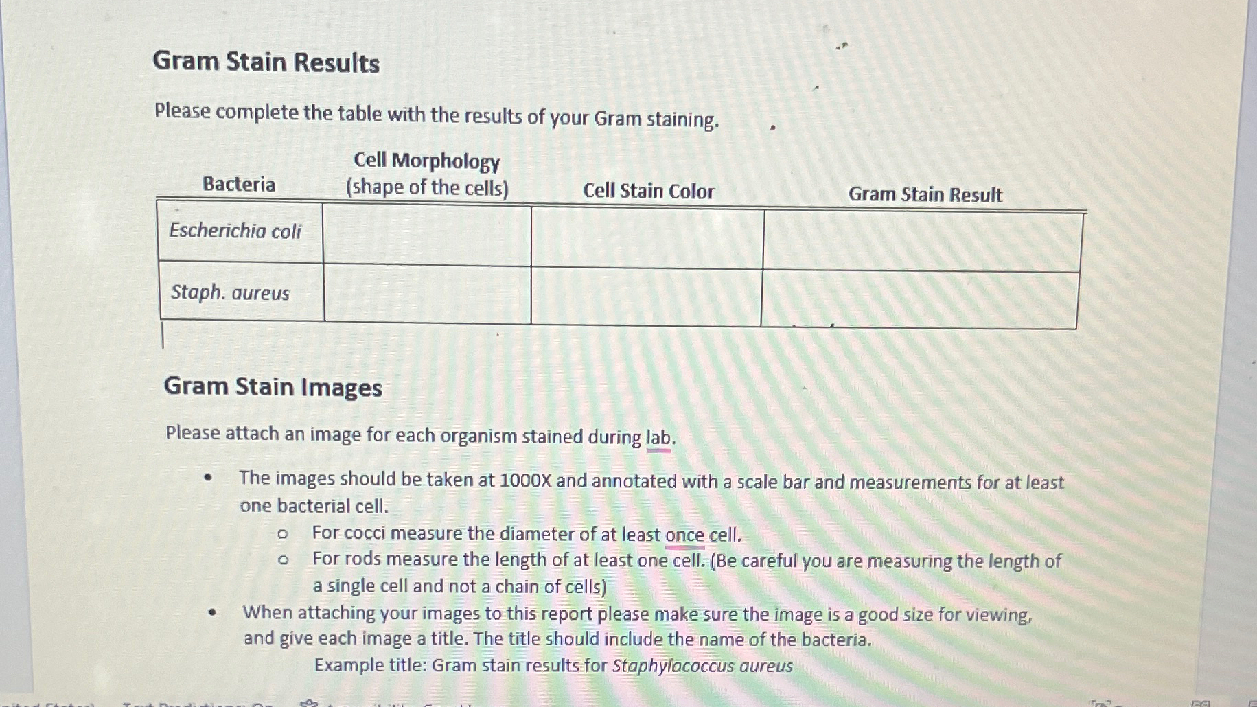 Solved Gram Stain ResultsPlease complete the table with the | Chegg.com
