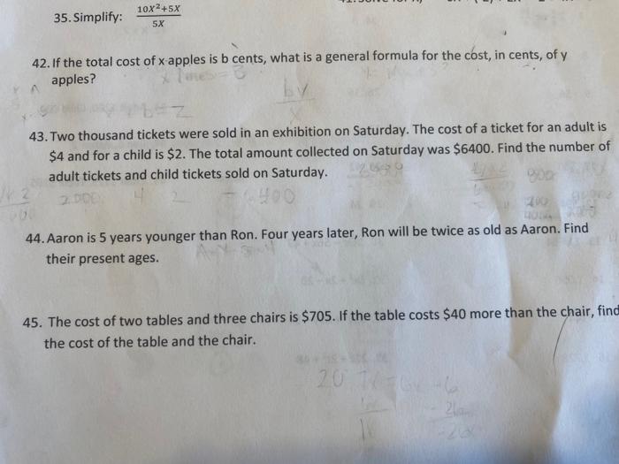 Solved 35. Simplify: 5x10x2+5x 42. If the total cost of x | Chegg.com