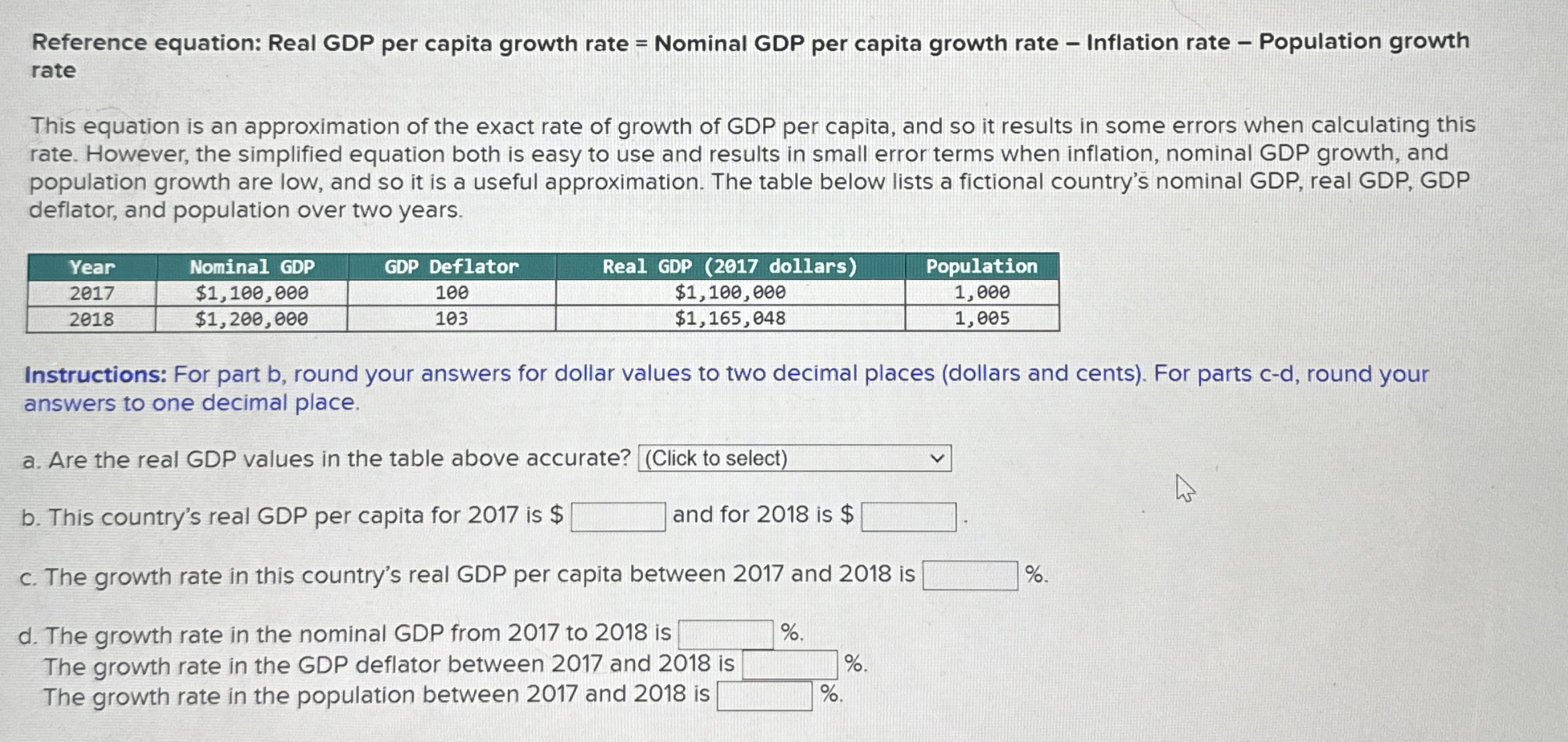 Solved Reference equation: Real GDP per capita growth rate = | Chegg.com