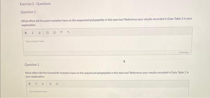 Solved DataTable 2: Mutations TMRNA frameshilt mutation | Chegg.com