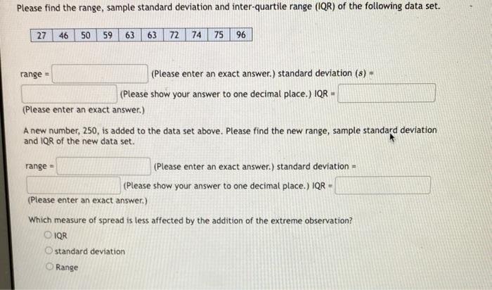 Solved Please find the range, sample standard deviation and | Chegg.com