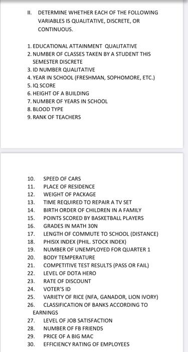 Solved II. DETERMINE WHETHER EACH OF THE FOLLOWING VARIABLES | Chegg.com