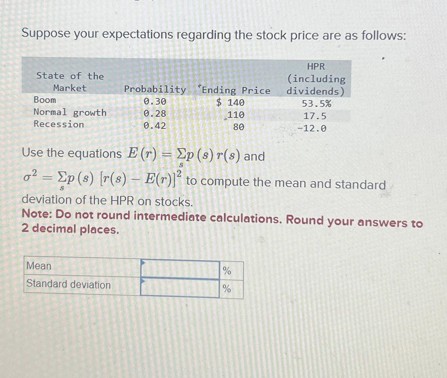 Solved Suppose your expectations regarding the stock price | Chegg.com