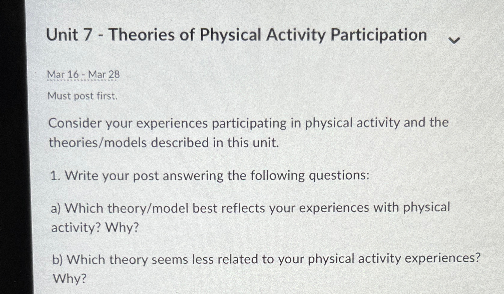 Solved Unit 7 - ﻿Theories of Physical Activity | Chegg.com