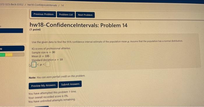 Solved hw18-Confidencelntervals: Problem 14 (1 point) Use | Chegg.com