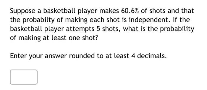 Solved Suppose a basketball player makes 60.6% of shots and | Chegg.com