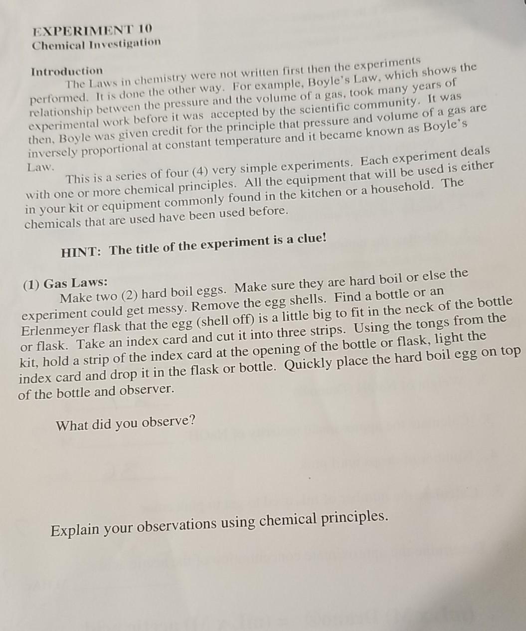 Solved EXPERIMENT 10 Chemical Investigation Introduction The | Chegg.com