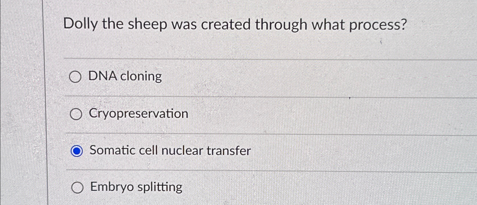 Solved Dolly the sheep was created through what process?DNA | Chegg.com