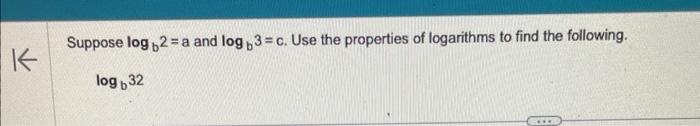 Solved Suppose logb2=a and logb3=c. Use the properties of | Chegg.com