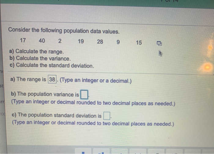 Solved Consider the following population data values. 17 40 | Chegg.com