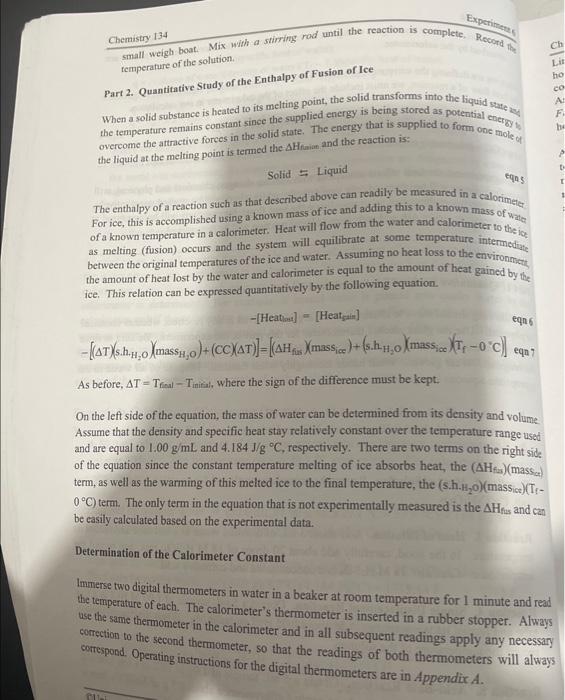 Part 2. Quantitative Study of the Enthalpy of Fusion | Chegg.com