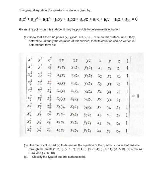 Solved The general equation of a quadratic surface is given | Chegg.com