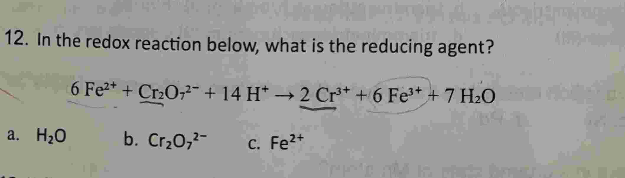 Solved In ﻿the redox reaction below, what is ﻿the reducing | Chegg.com