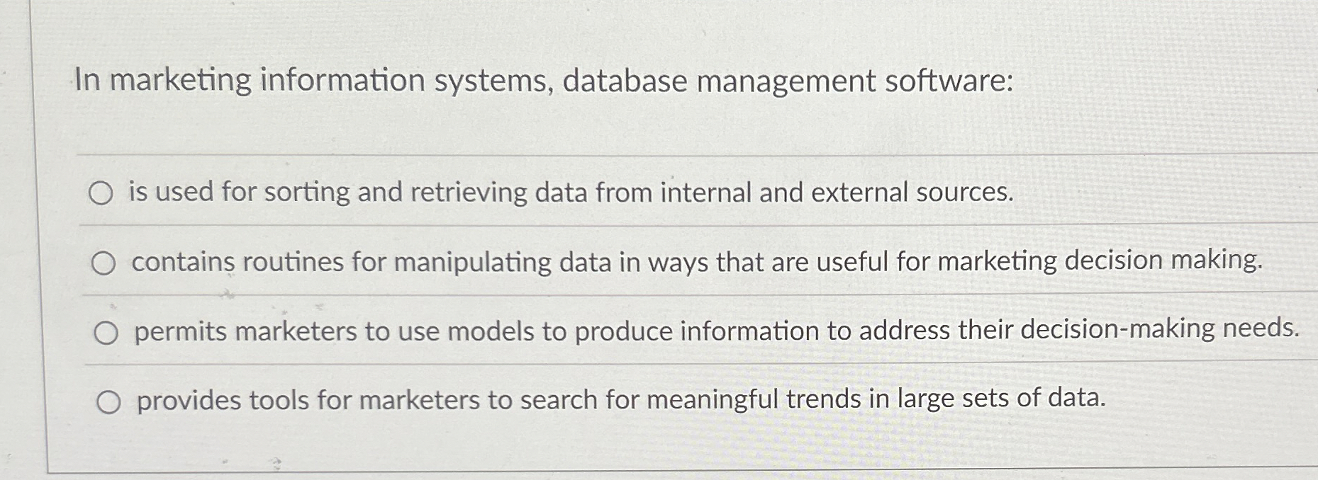 Solved In marketing information systems, database management | Chegg.com