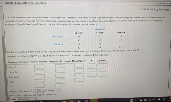 Solved Exercise 13.43 Algo (Factorial Experiment) - Question | Chegg.com