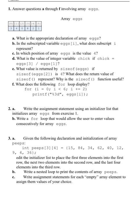 Solved 1. Answer questions a through f involving array eggs. | Chegg.com