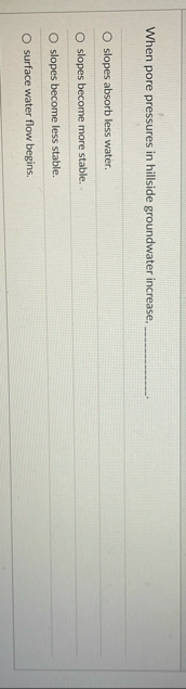 Solved When pore pressures in hillside groundwater increase, | Chegg.com