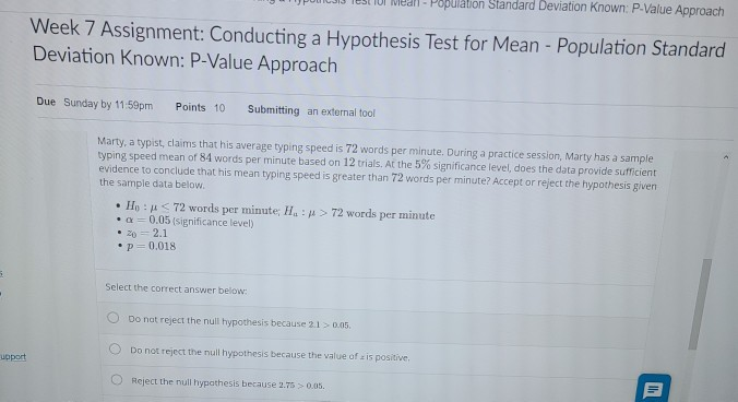 Solved Population Standard Deviation known: P.Value Approach | Chegg.com