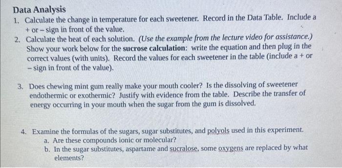 Data Analysis 1. Calculate the change in temperature | Chegg.com