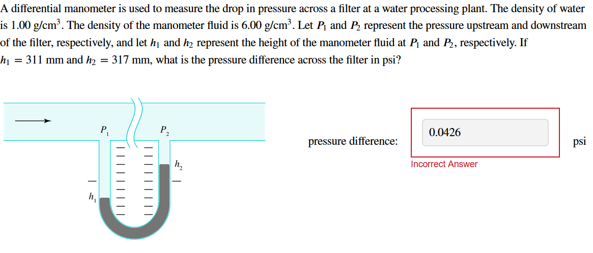Solved A differential manometer is used to measure the drop | Chegg.com