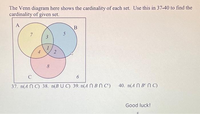 Solved The Venn diagram here shows the cardinality of each | Chegg.com