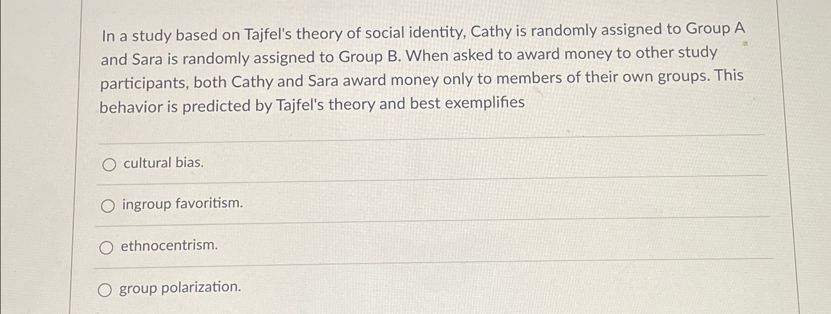 Solved In a study based on Tajfel's theory of social | Chegg.com